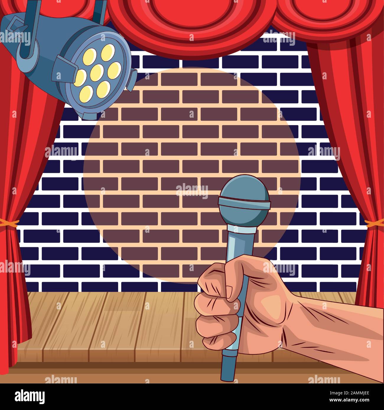 hand with microphone spotlight wall brick stage stand up comedy show ...