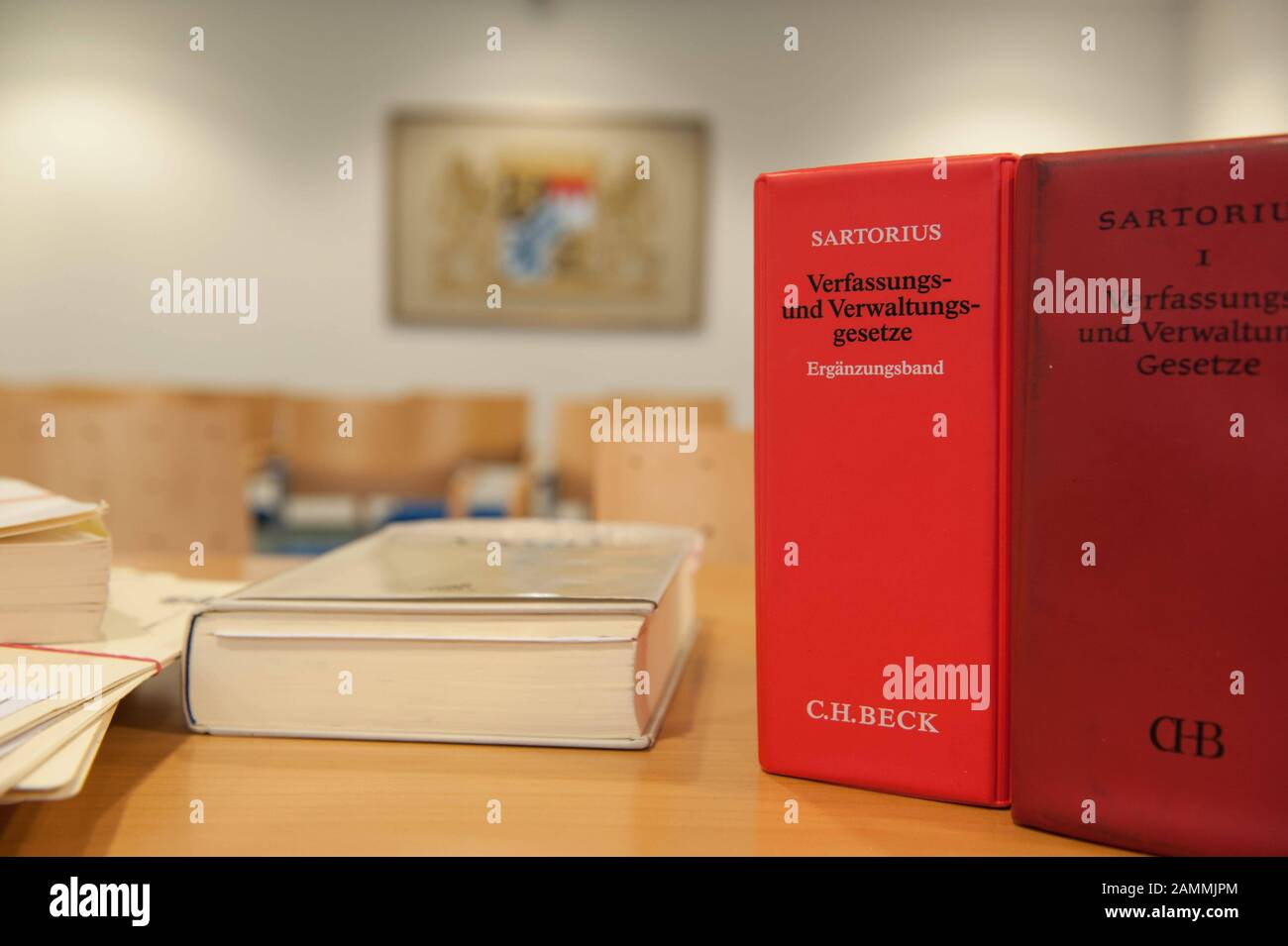 Table with codes of law in a conference room of the Administrative ...