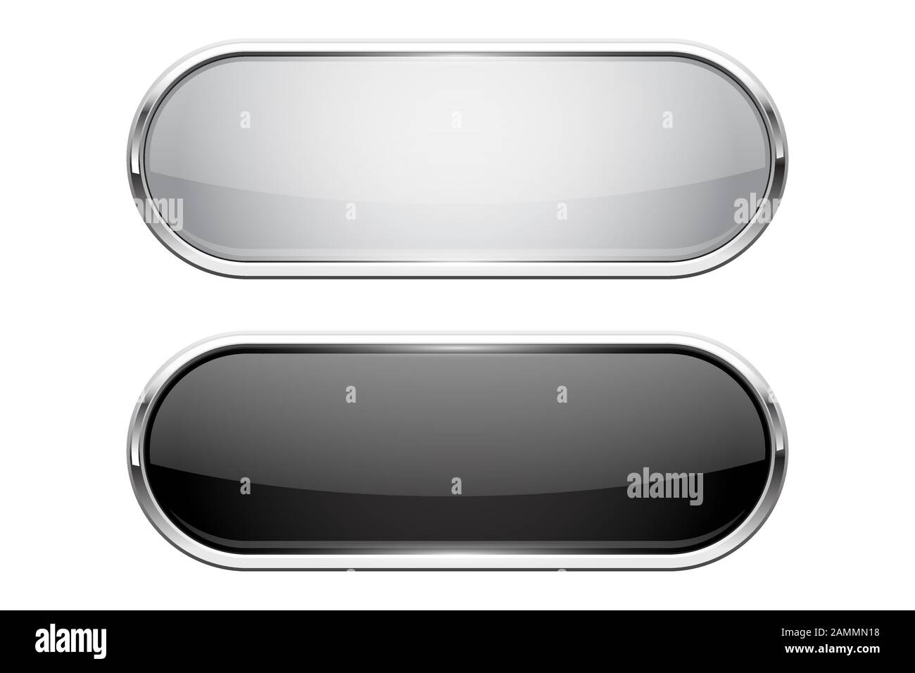 Web buttons. Black and white shiny oval icons with chrome frame Stock ...