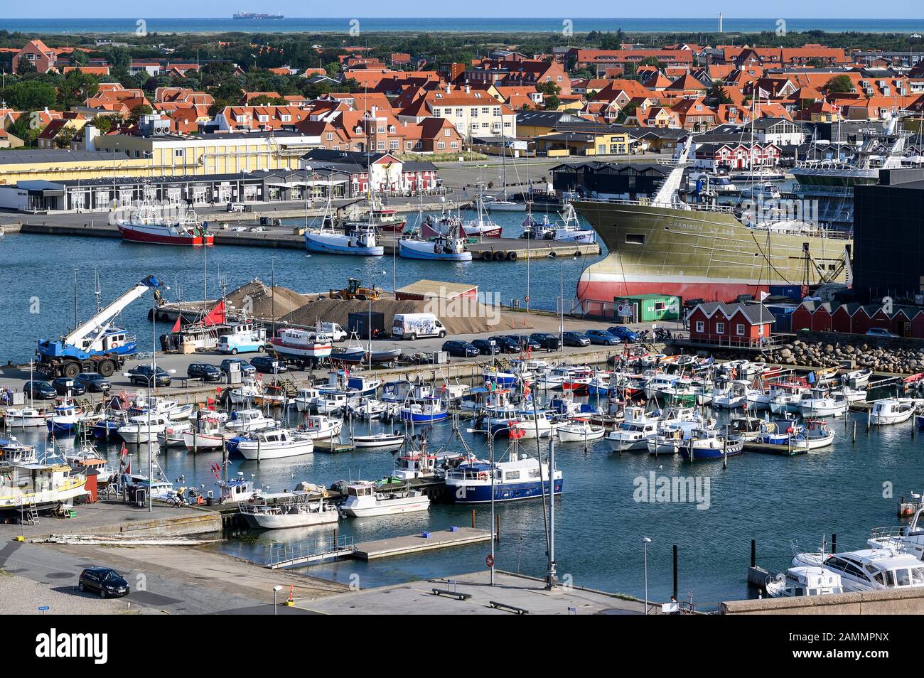 View of the port of Skagen from the Cunard ship Queen Elizabeth Stock ...