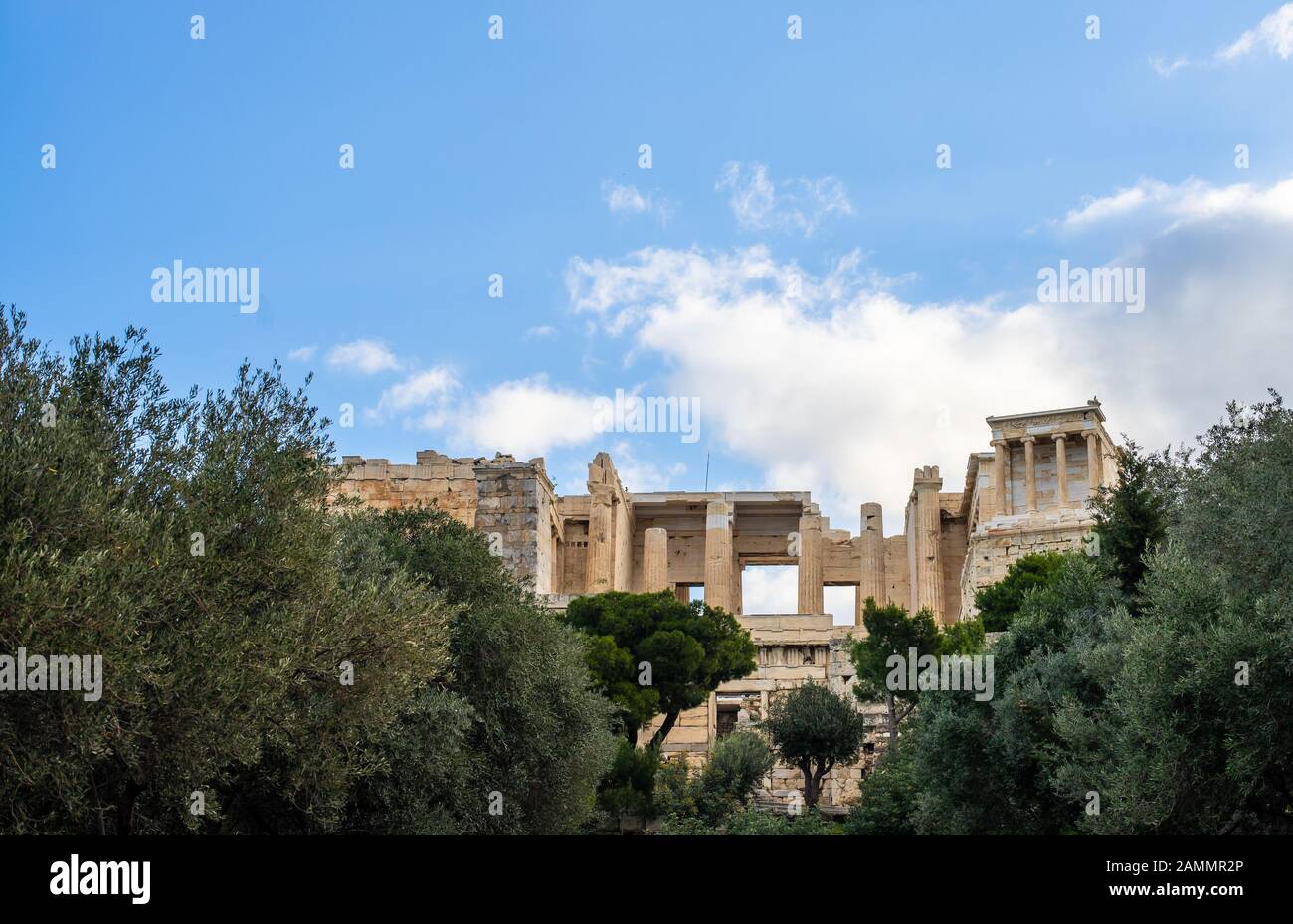 Athens, Greece. Acropolis slope. olive trees and ancient architecture ...