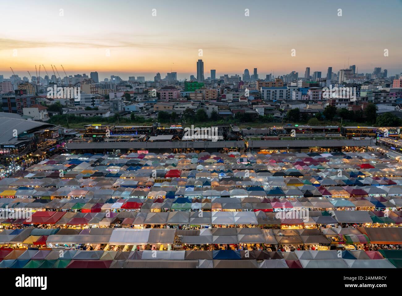 Sunset view of the Train Night Market Ratchada. Train Night Market ...