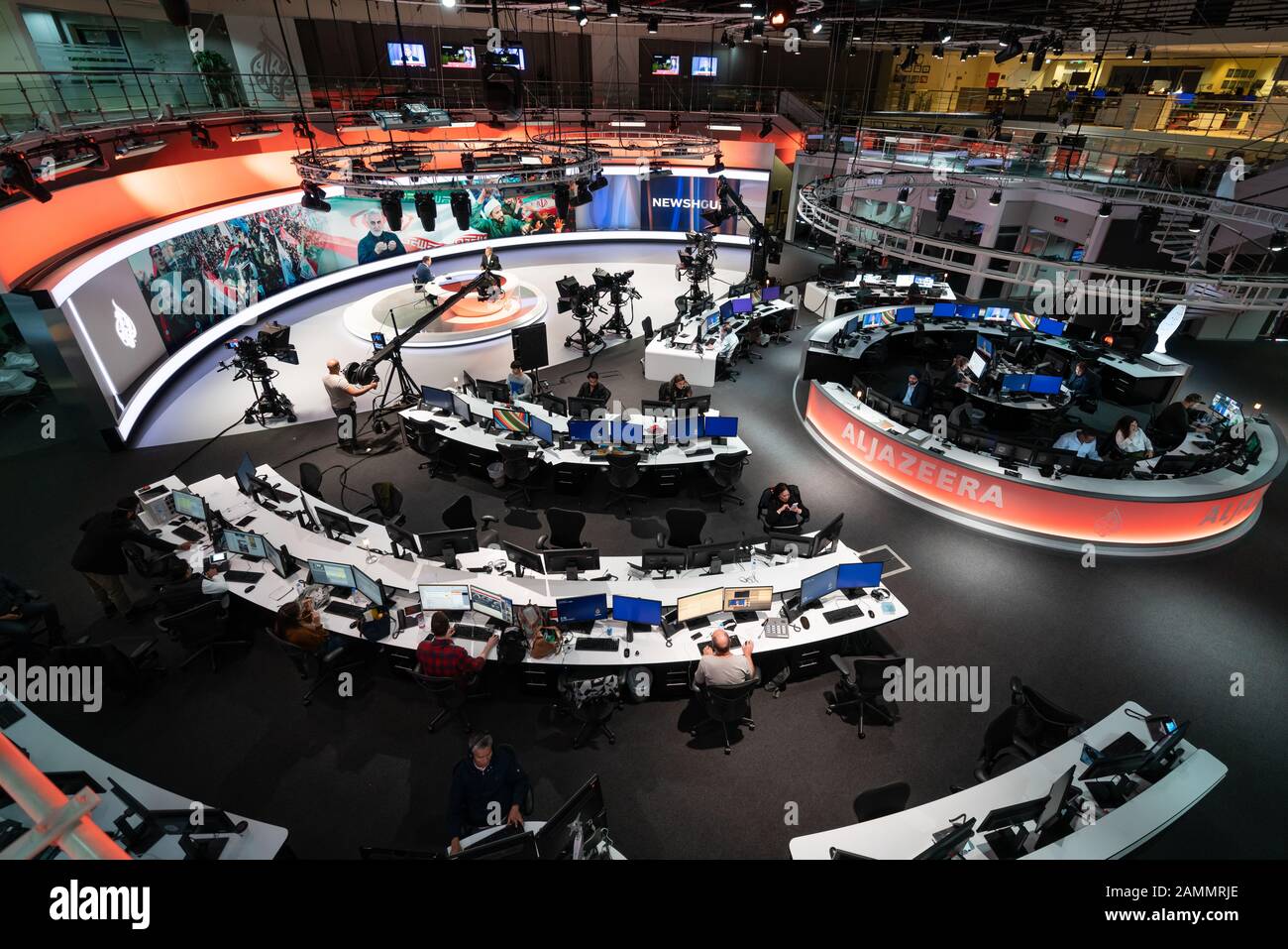 The newsroom of Al Jazeera English TV channel, Doha, Qatar Stock Photo ...