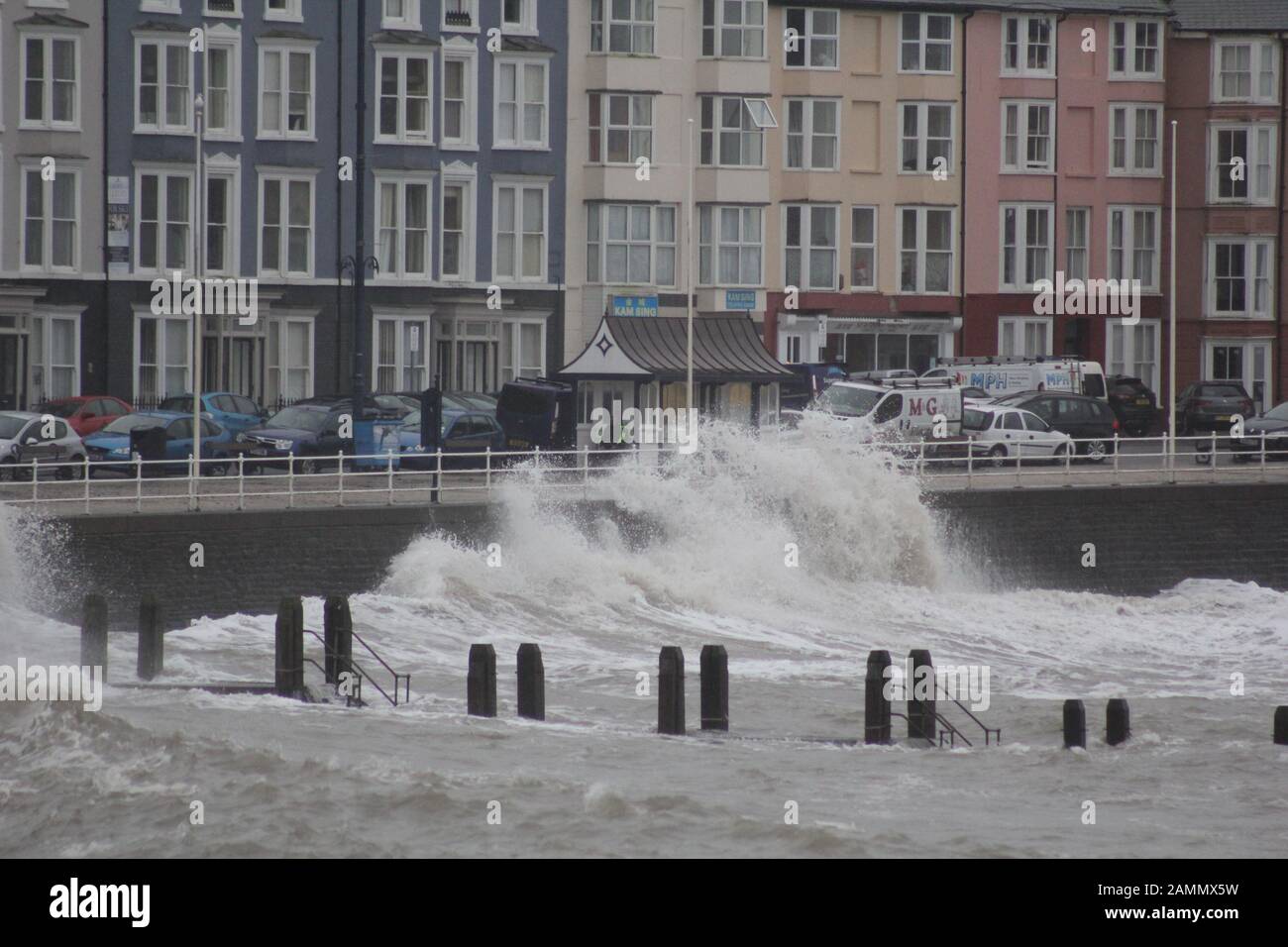 Aberystwyth Wales UK Weather 14th January 2020. Torrential rain coupled ...