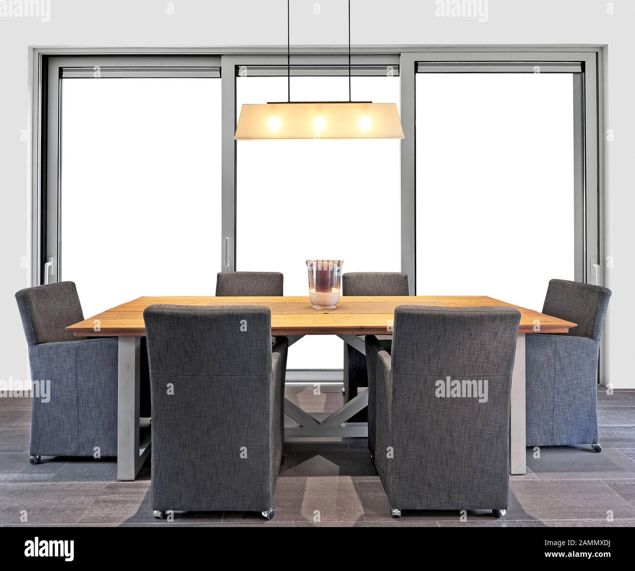 Elegant classical dining table from front with great windows and blank ...