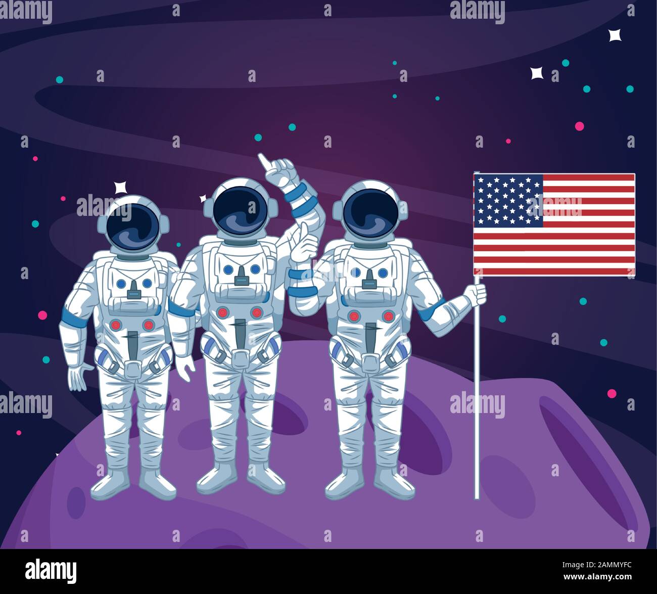 astronauts team american flag in moon galaxy space exploration Stock ...
