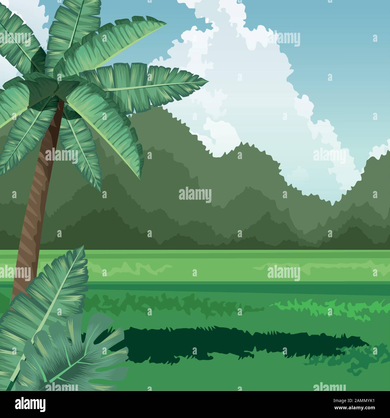 tropical palm coconut field leaves mountains background Stock Vector ...
