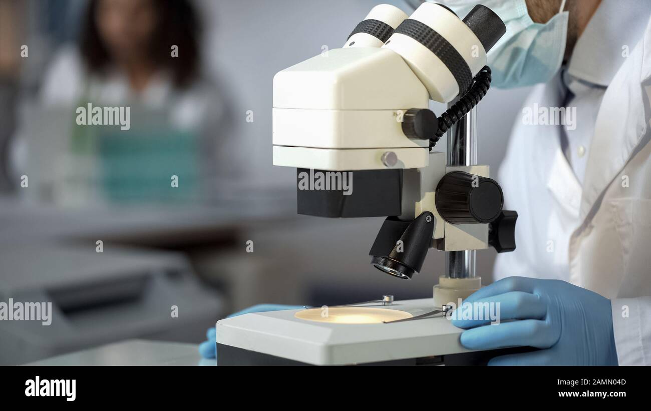 Researcher working microscope in laboratory, practicing chemistry at ...