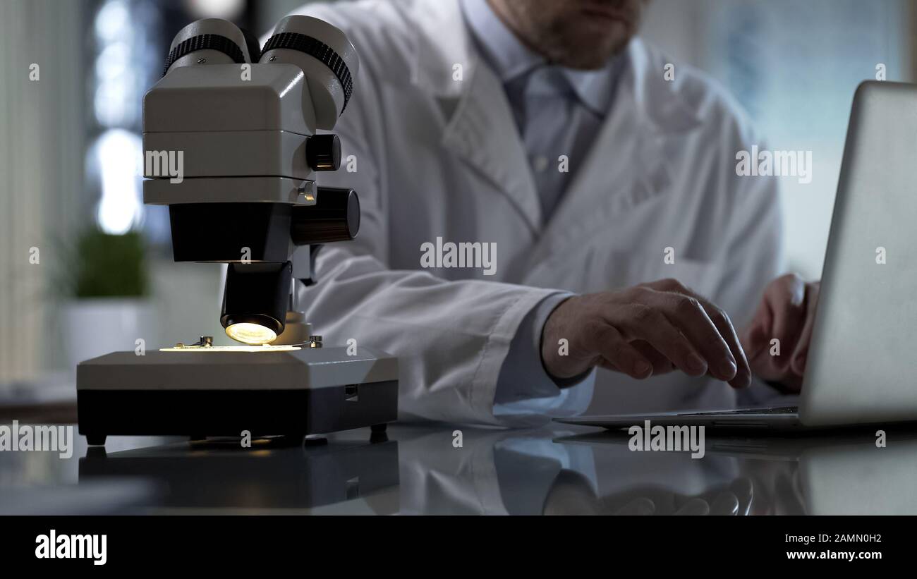 Lab expert typing on laptop, entering experiment results in report ...