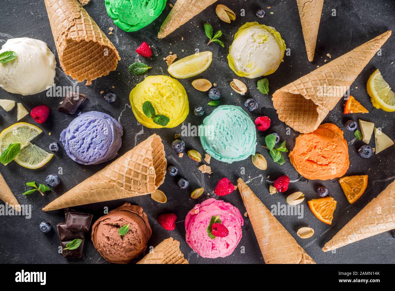 Colorful pastel ice cream with waffle cones and various flavor ...