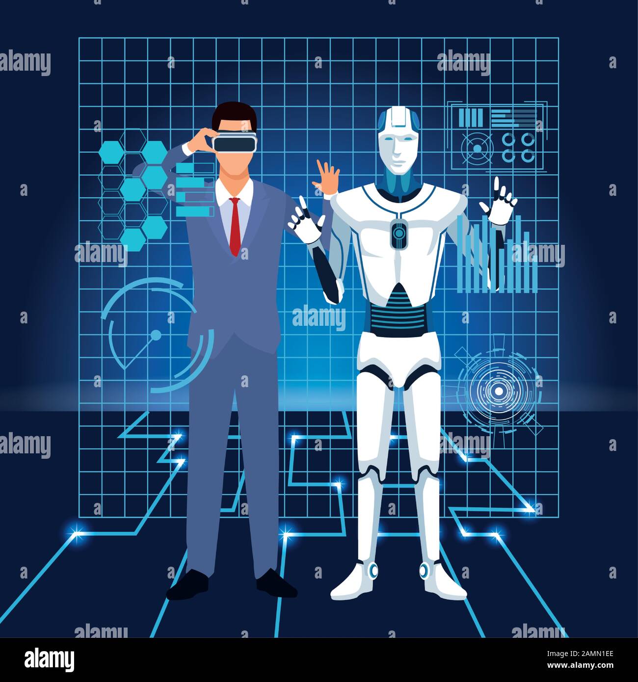 artificial intelligence technology man using vr goggles and cyborg ...