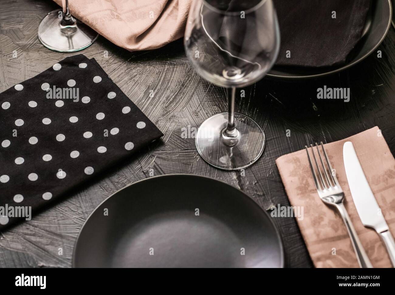 Dishware, menu and table concept - Empty tableware with beige napkin ...