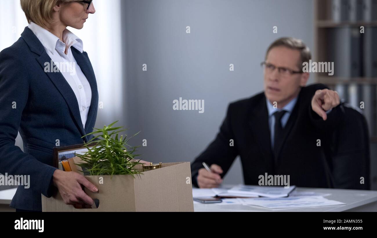 Boss dismissing his secretary, incompetent unprofessional worker, lay ...