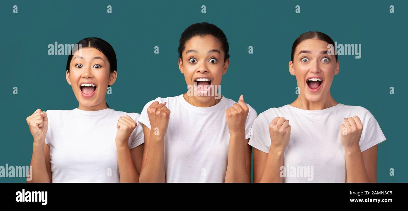 Three Excited Girls Shouting Shaking Fists Over Turquoise Background ...