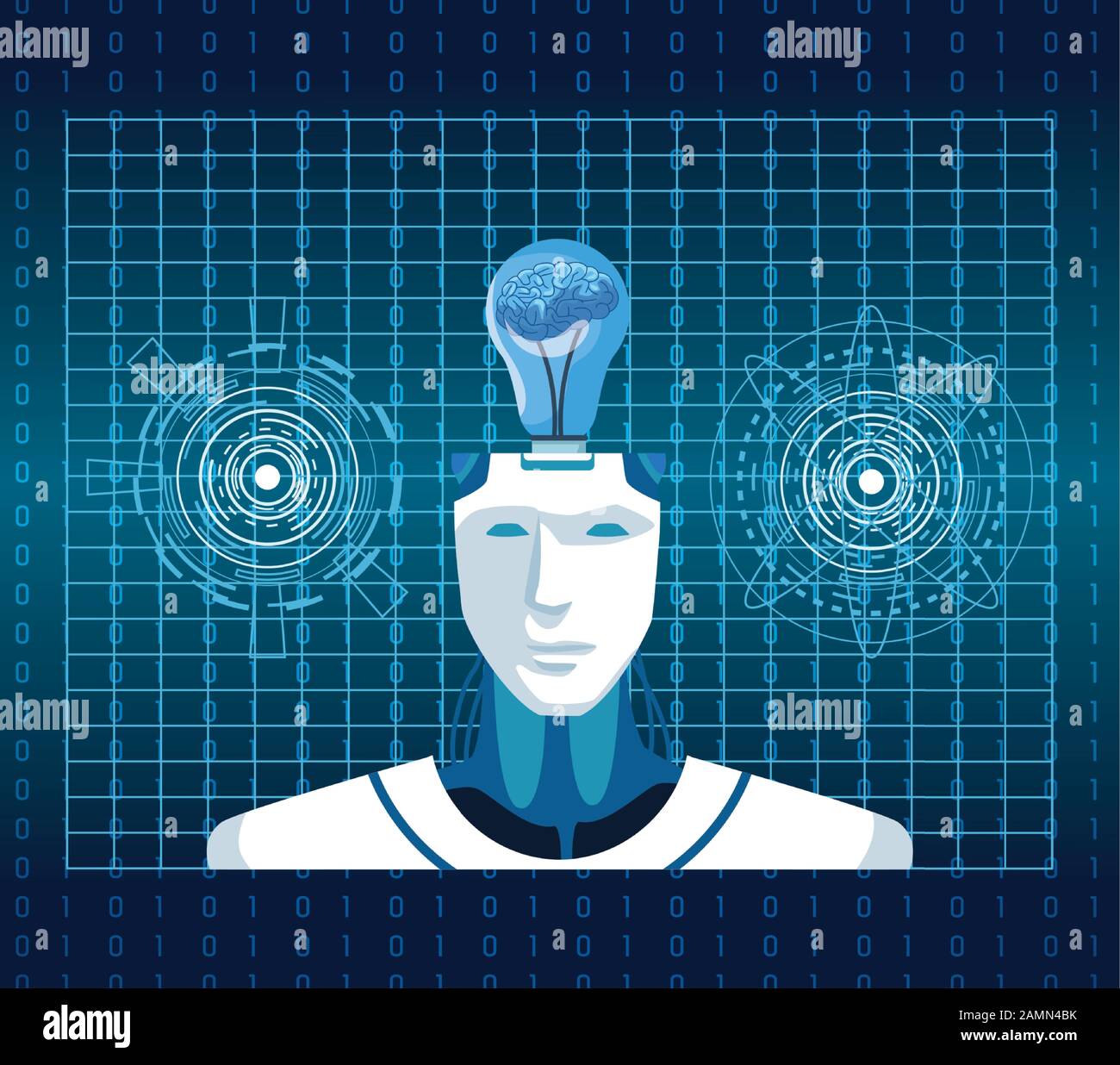 artificial intelligence technology cyborg with brain in bulb vr scene ...