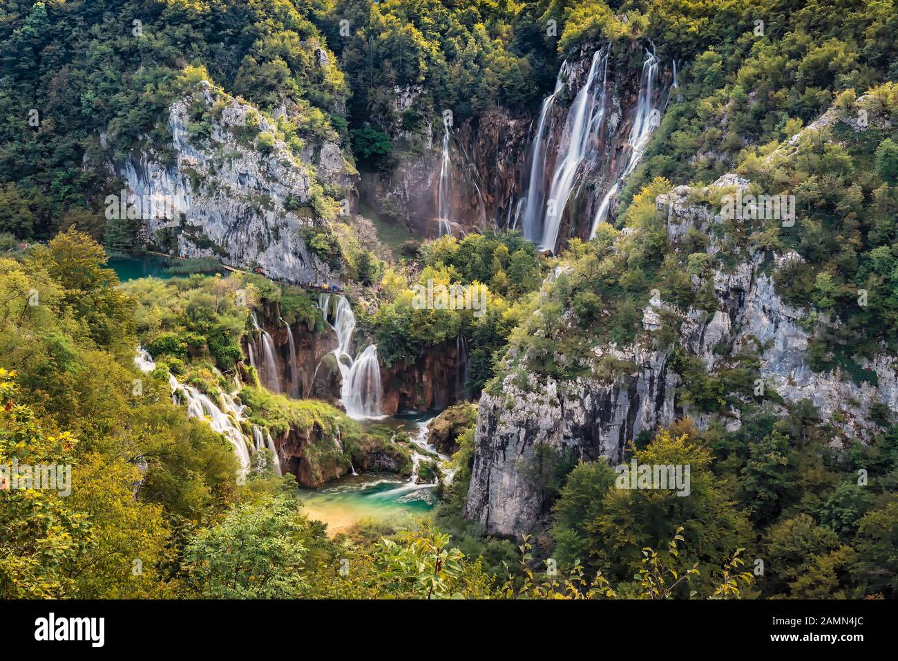 Big waterfall with series of cascades from high vintage point Stock ...