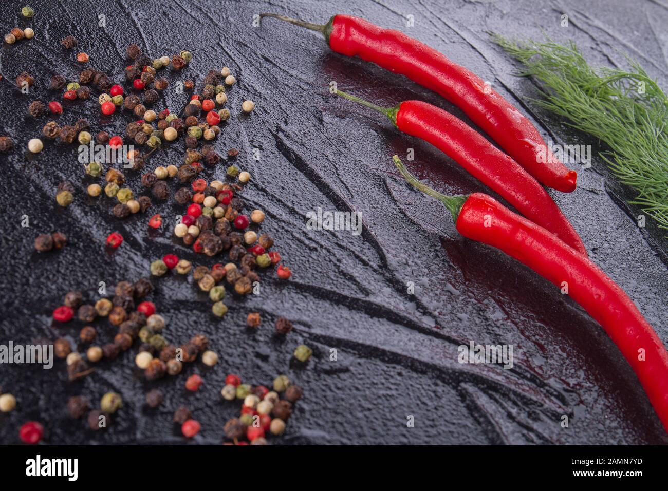 Condiments and red chili close up Stock Photo - Alamy