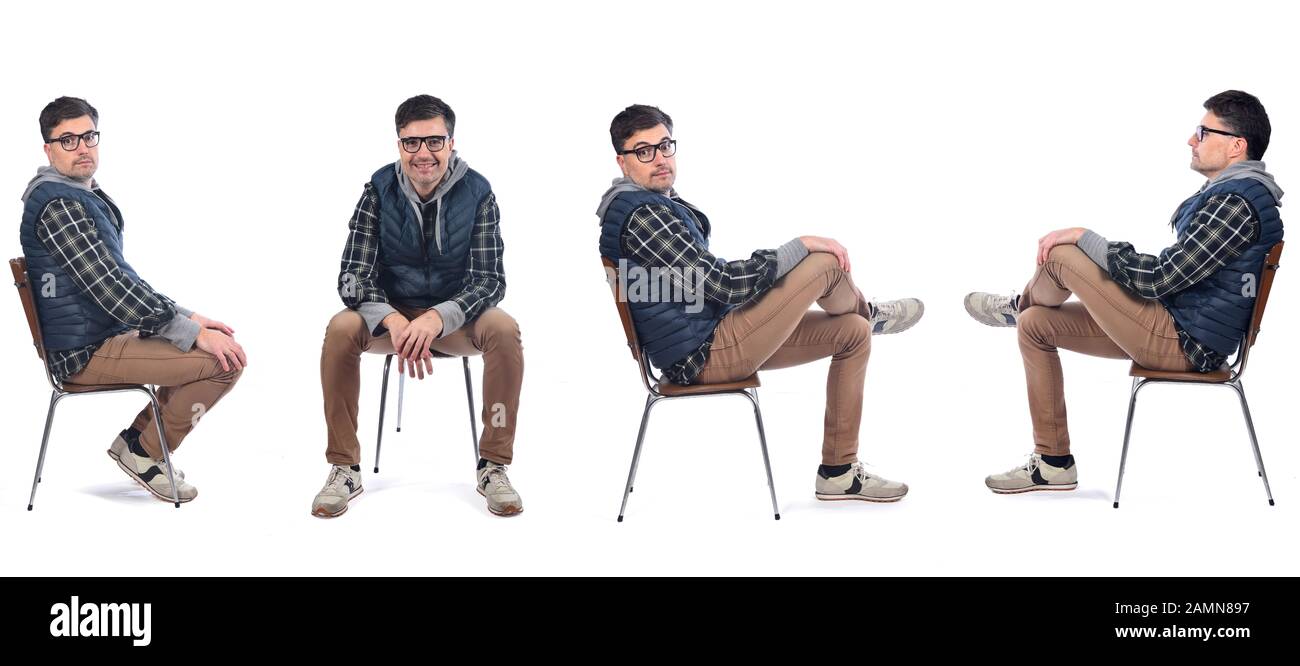 a man sitting in various ways in a chair Stock Photo - Alamy