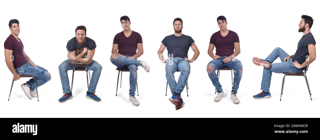 men sitting in various ways in a chair Stock Photo - Alamy
