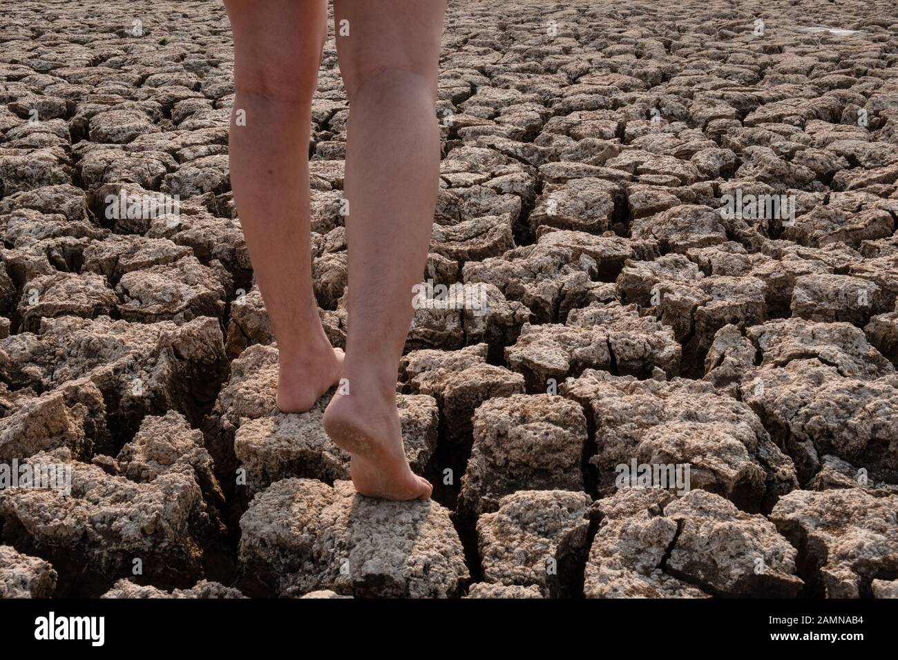 Women walking on cracked and dry soil in arid areas landscape, Drought ...