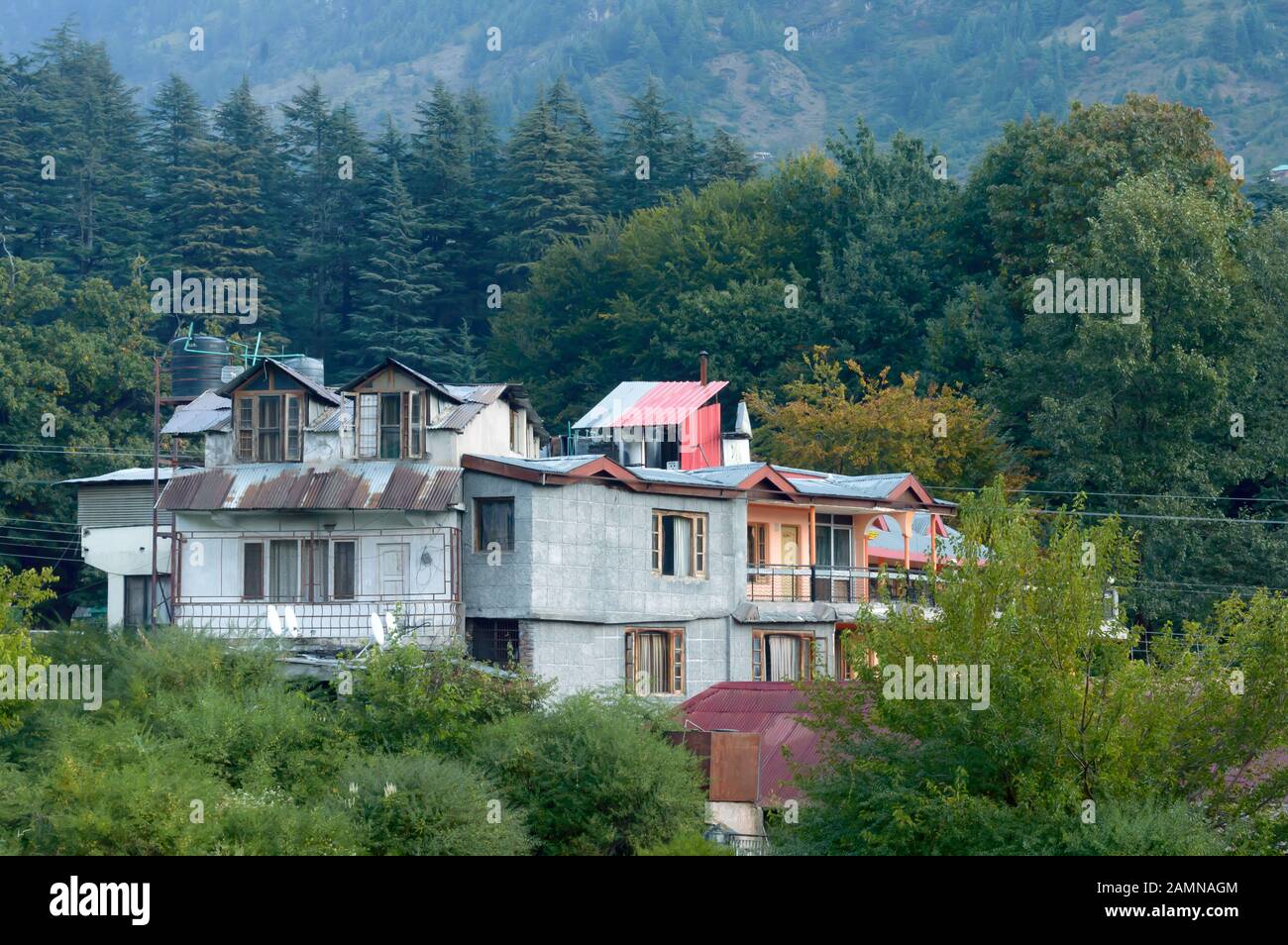 Panoramic Old Hotel cottage retro style building surrounded with pine ...