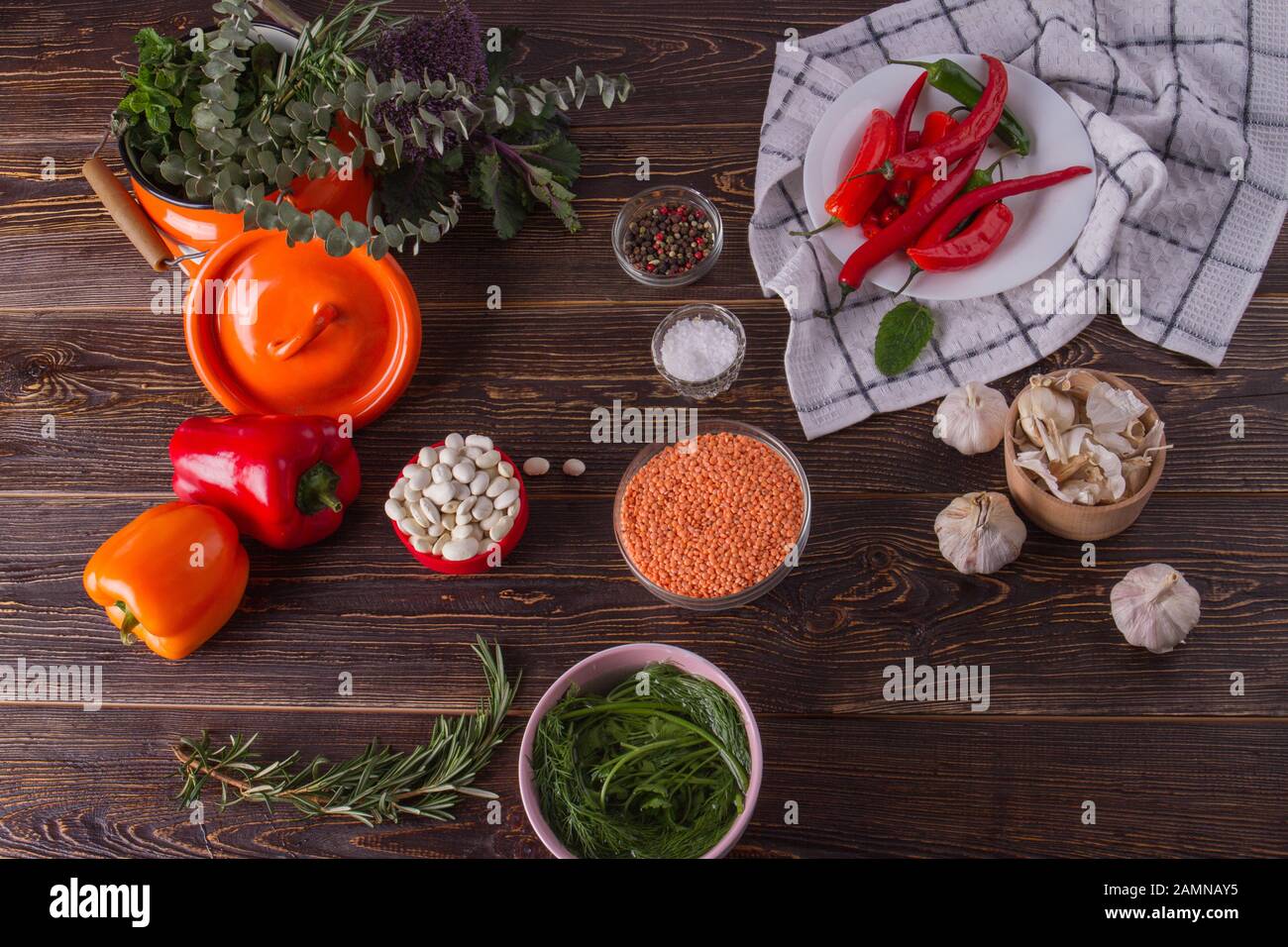 Culinary background with various herbs, spices and vegetables Stock ...