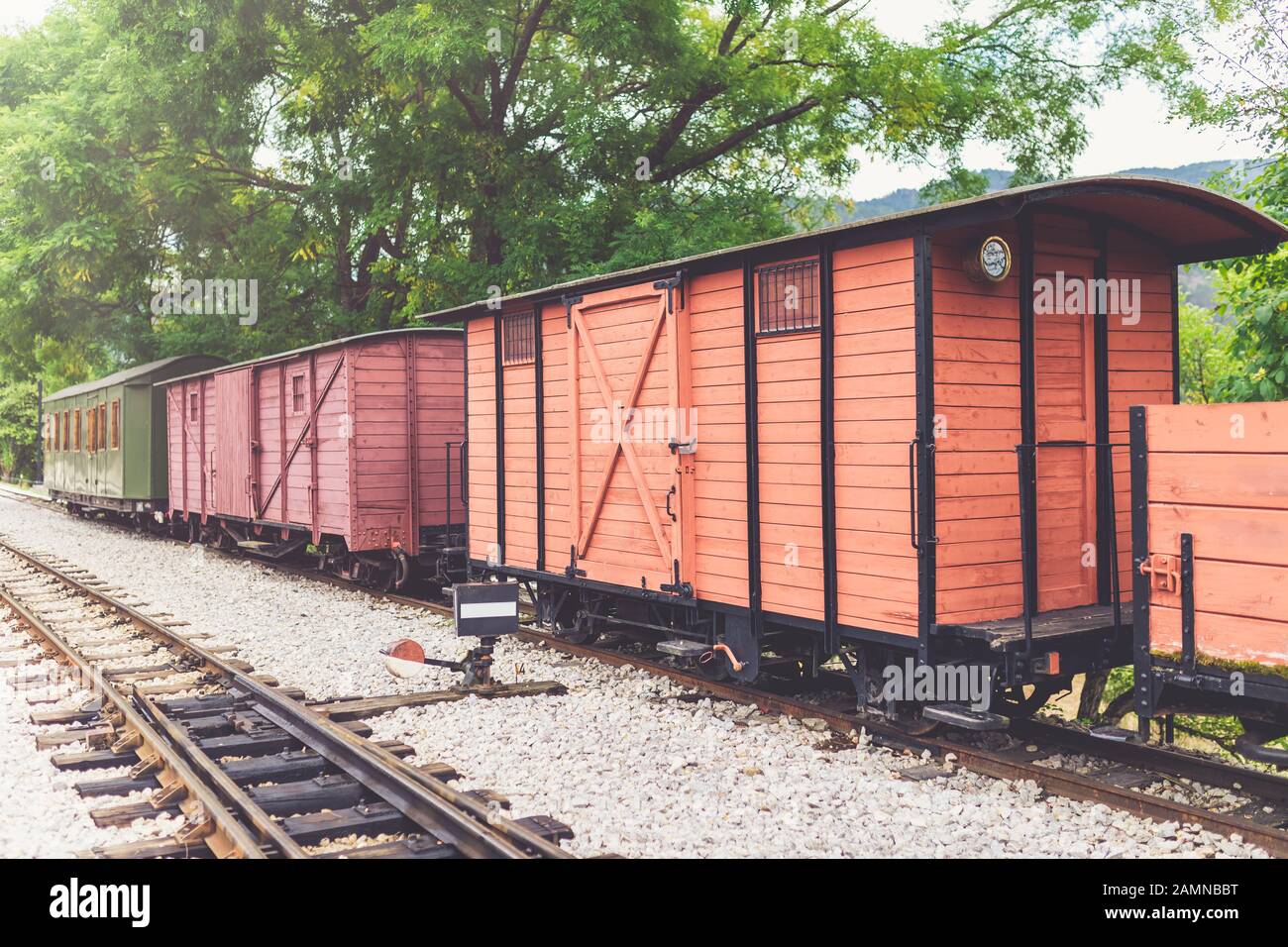 Retro wagons at old railway station Stock Photo - Alamy