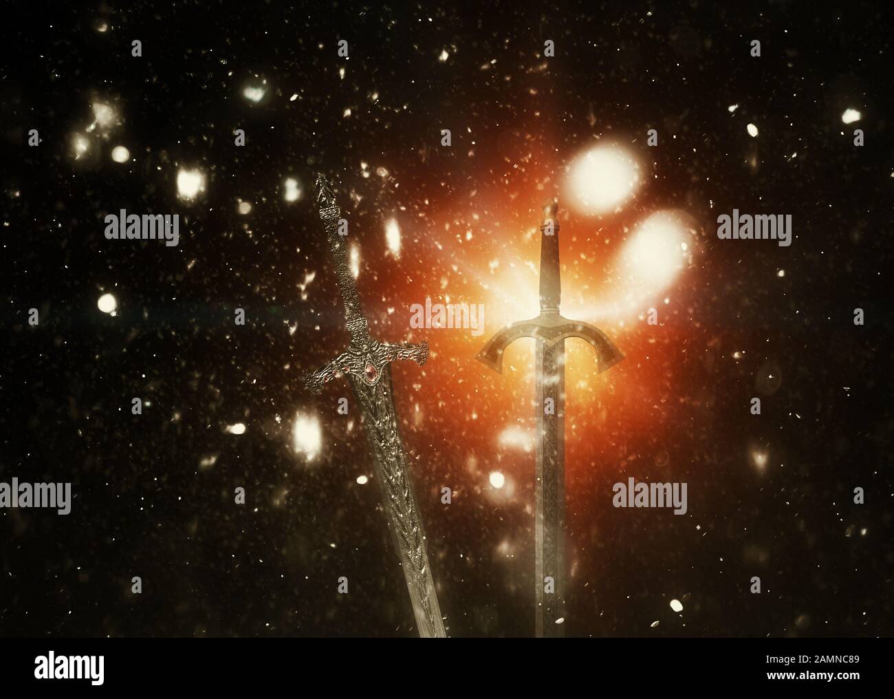 Medieval weapon 3d rendered sword surrounded by the falling snow ...