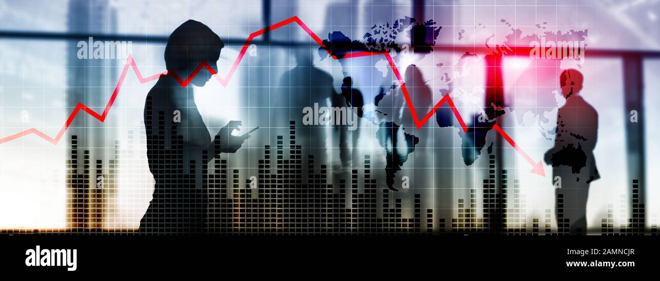 Chart with red down arrow on abstract background. Falling growth in ...