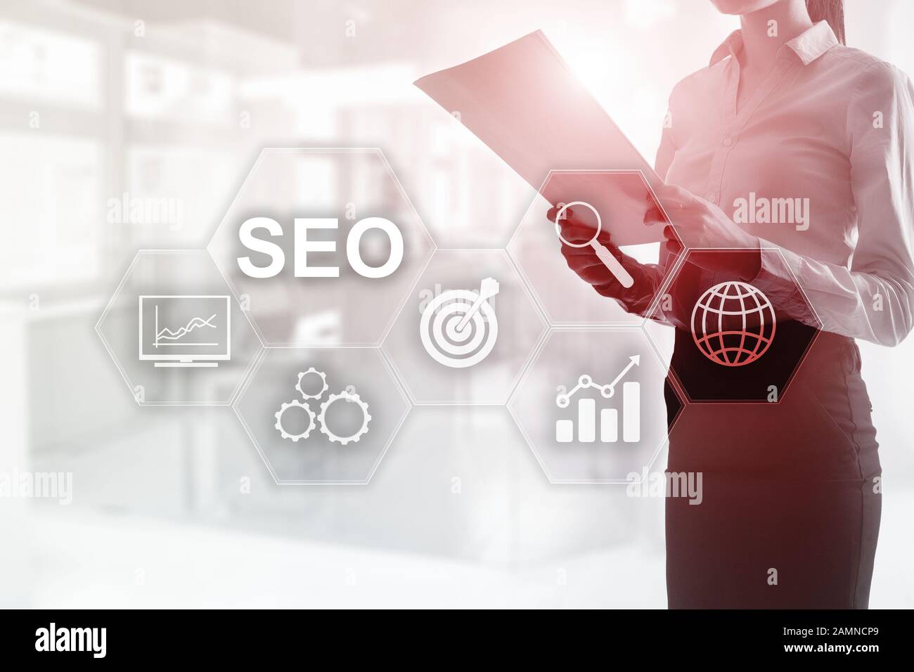 SEO. Search Engine optimization. Business technology on blurred office ...
