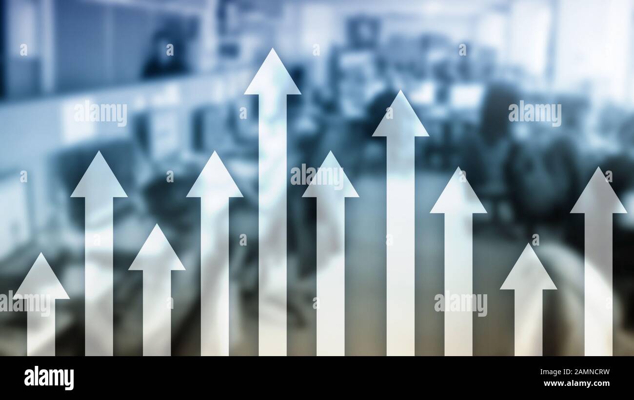 Up arrow graph on skyscraper background. Invesment and financial growth ...