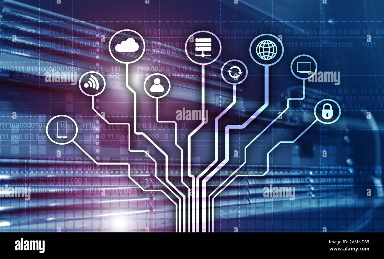 Telecommunication concept. Binary code on large data center background ...