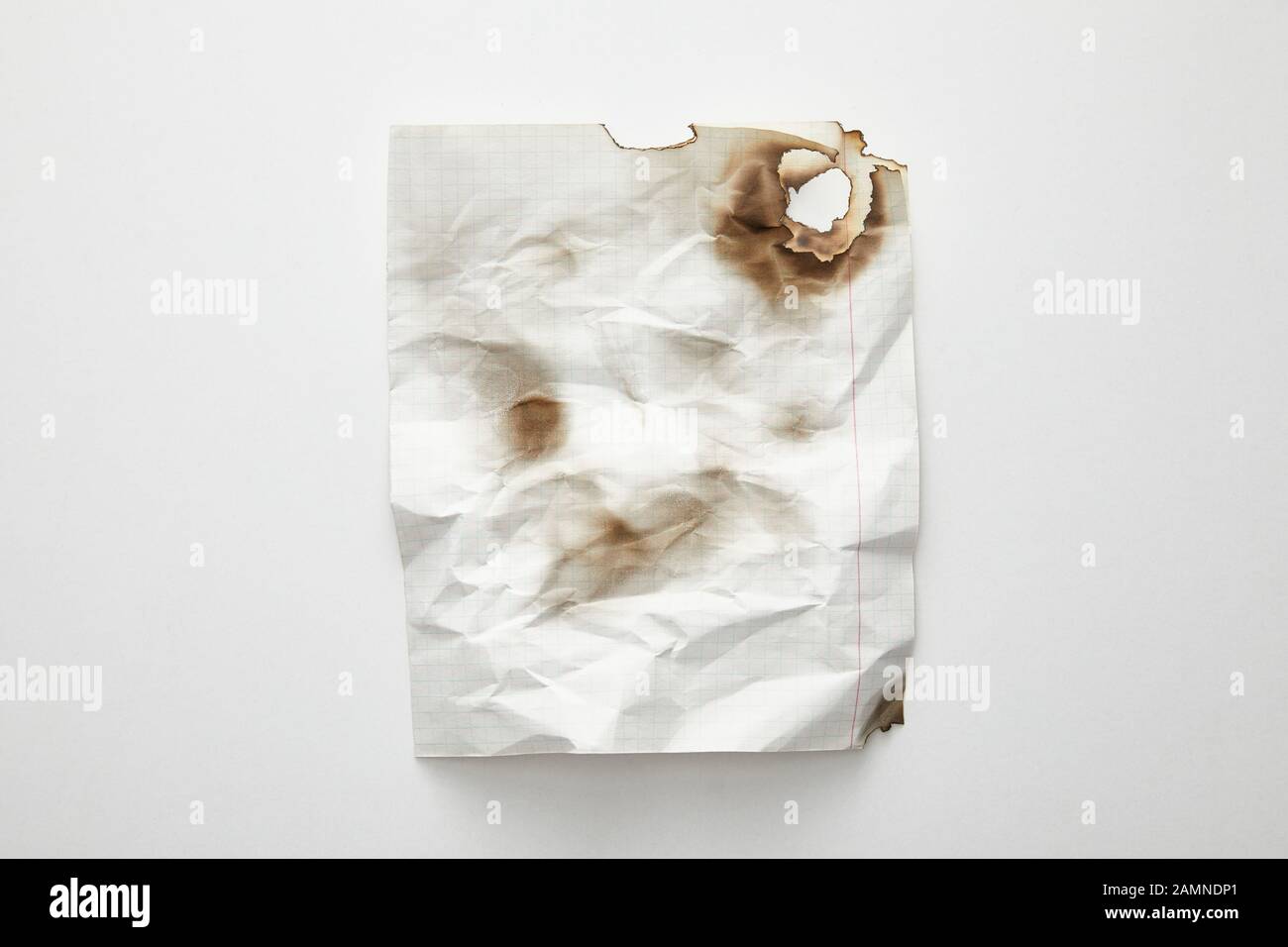 top view of empty crumpled and burnt vintage paper on white background ...