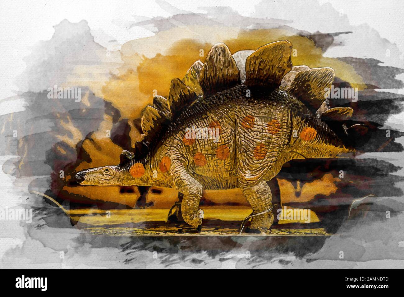 Watercolour painting of show case, realistic dinosaurs plastic toy in ...