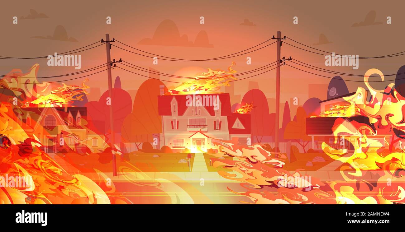 dangerous wildfire on street with burning civil houses fire development ...