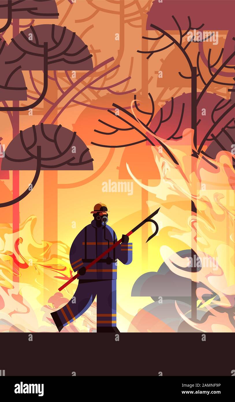 brave firefighter holding scrap extinguishing dangerous wildfire ...