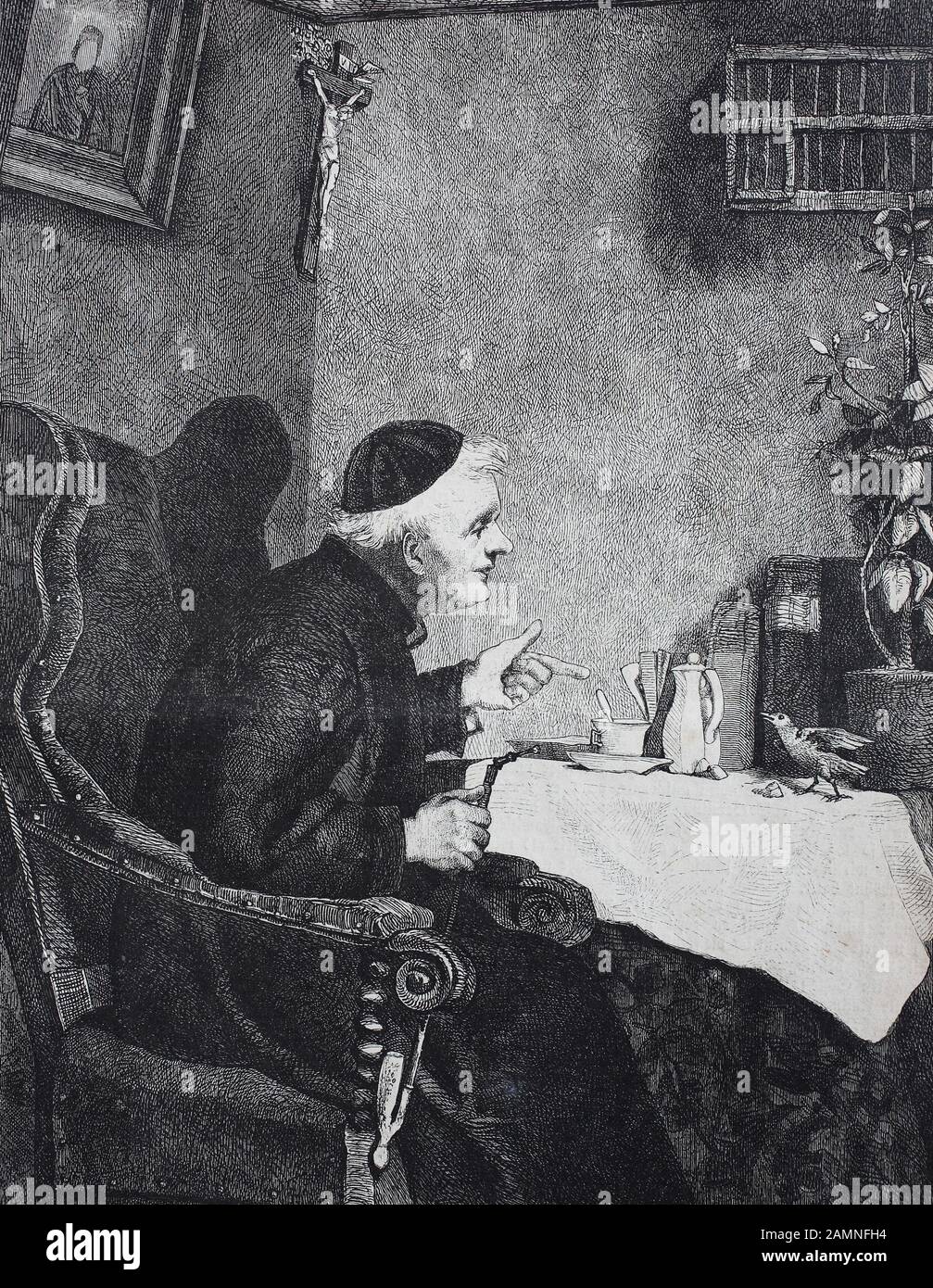 Priest sits at the table and has caught a bird eating the cake crumbs ...
