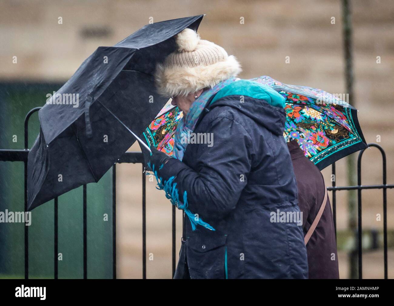 Two women battle through heavy rain hi-res stock photography and images ...