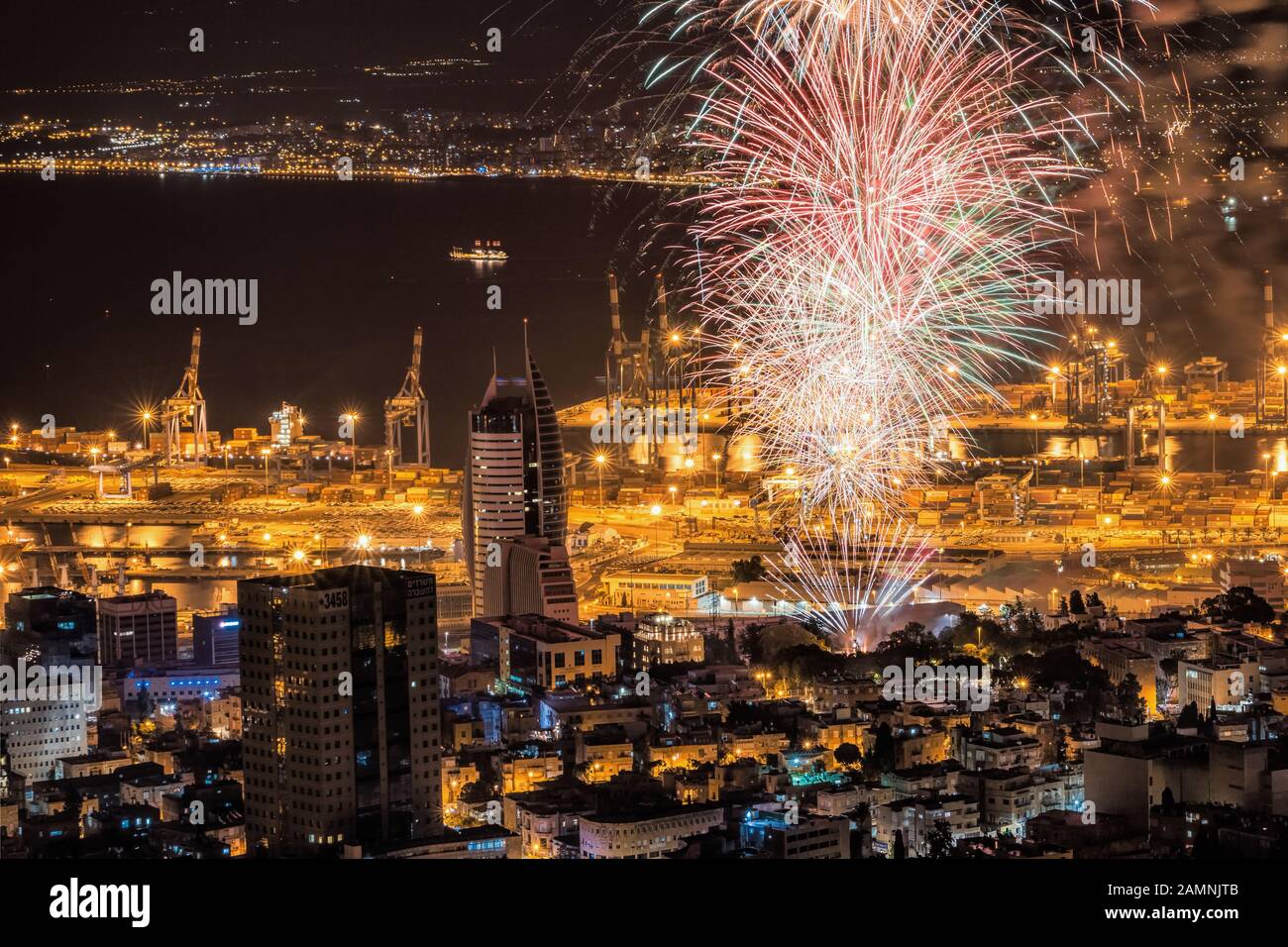 Fireworks celebrating 68 Independence day of Israel over Haifa bay ...