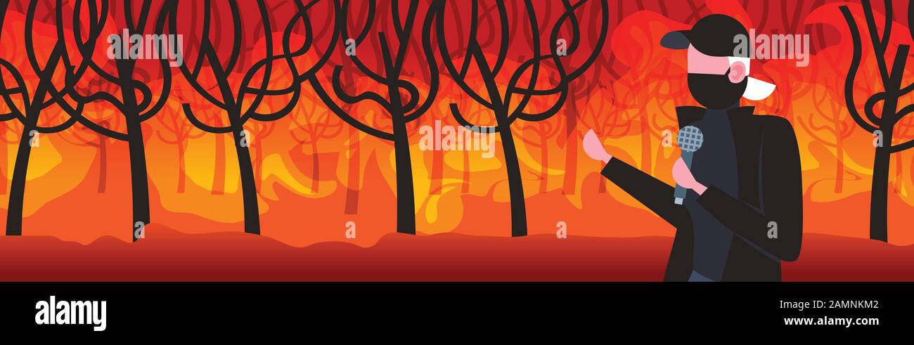 breaking news reporter in mask talking to microphone bushfire global ...