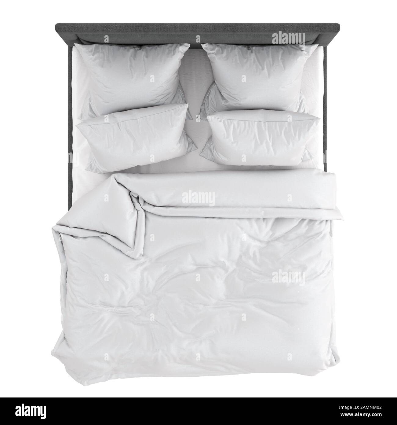 Gray soft double bed with fabric upholstery and white bedding on a ...