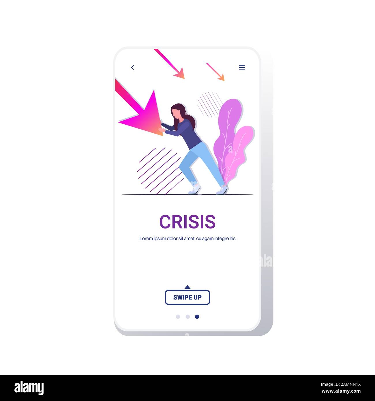 businesswoman bankrupt holding economic red arrow fall down business ...