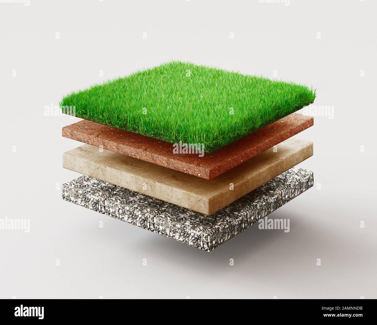 Ground or soil layers. Perspective empty space of green grass square ...