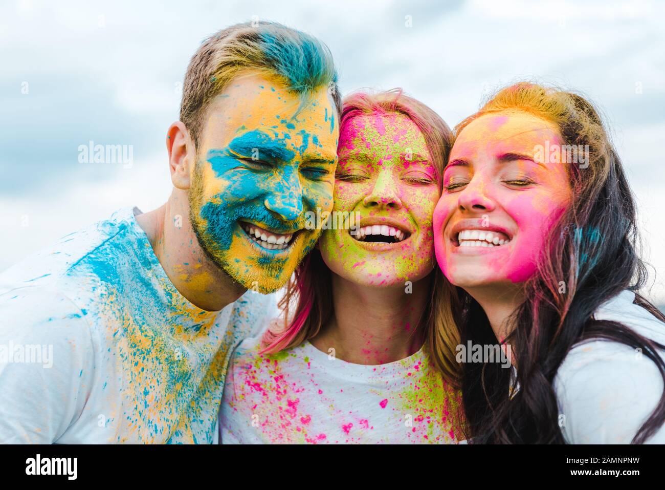 happy group of friends with closed eyes smiling outdoors Stock Photo ...