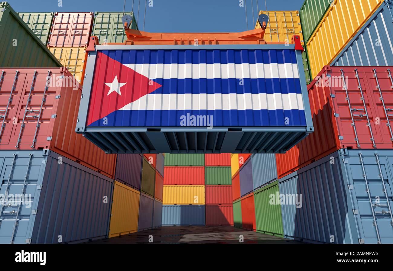 Container Terminal - Freight container with Cuba flag. 3D Rendering ...