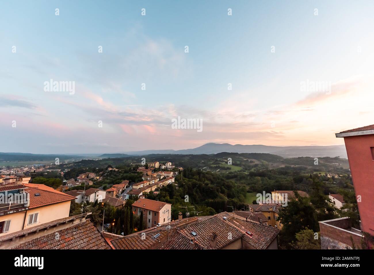 Chiusi, Italy small Tuscany town village at sunset evening with rooftop ...