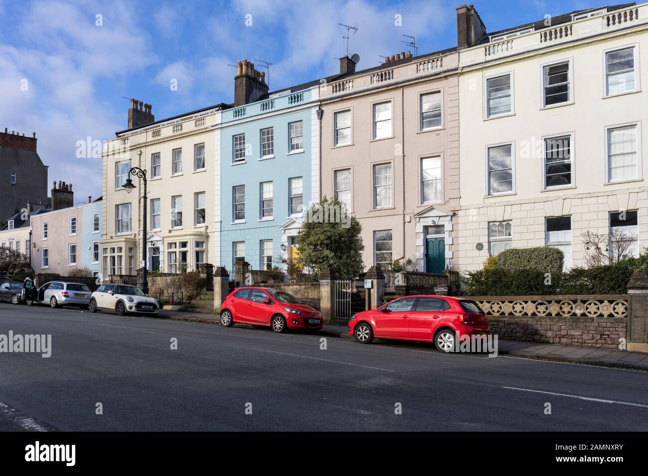 Pastel coloured Georgian period terrace houses on Clifton Down, City of ...
