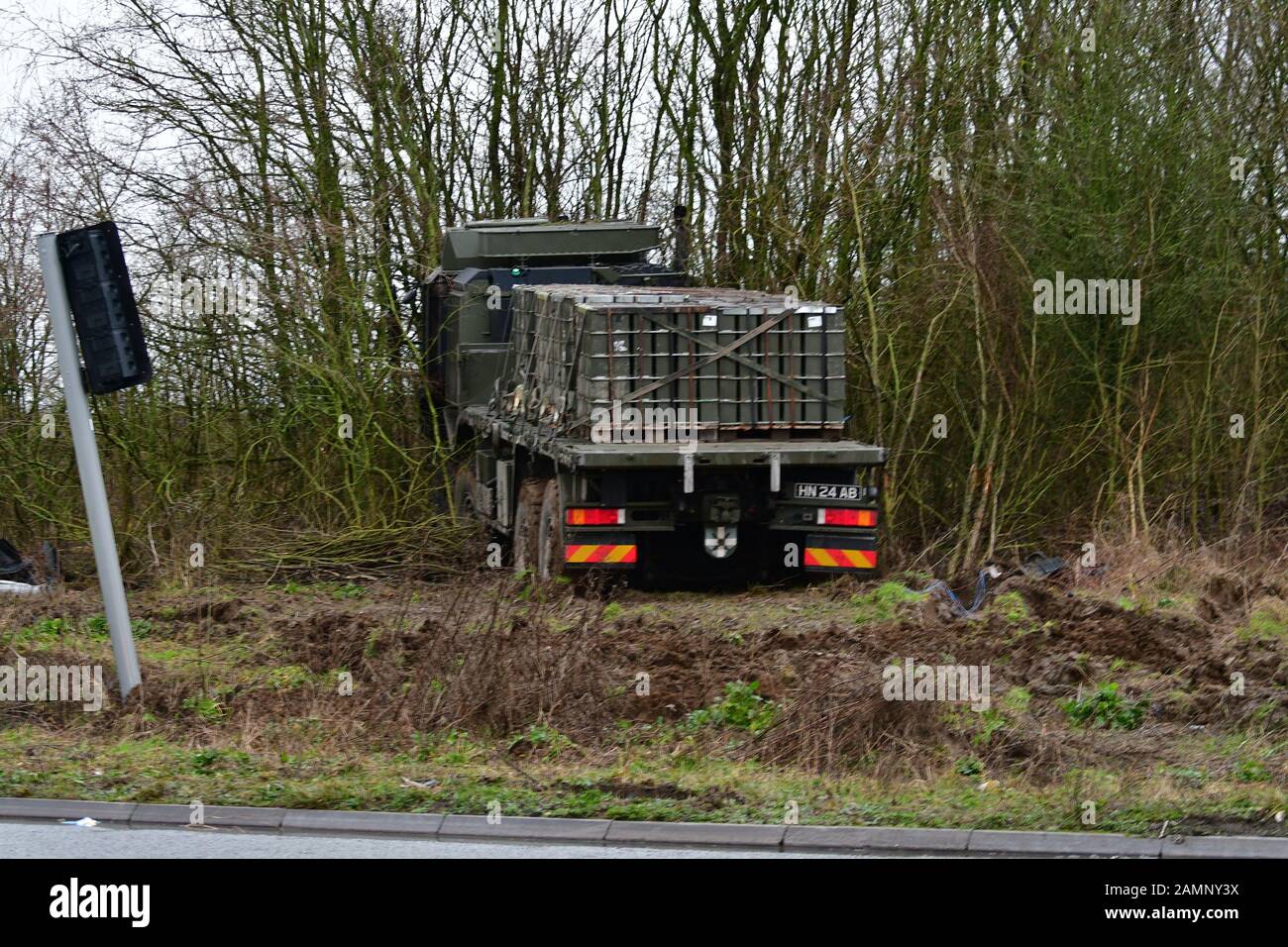 Lyneham, Wiltshire, UK. 14th Jan 2020. Loaded MOD Lorry Crashes into ...