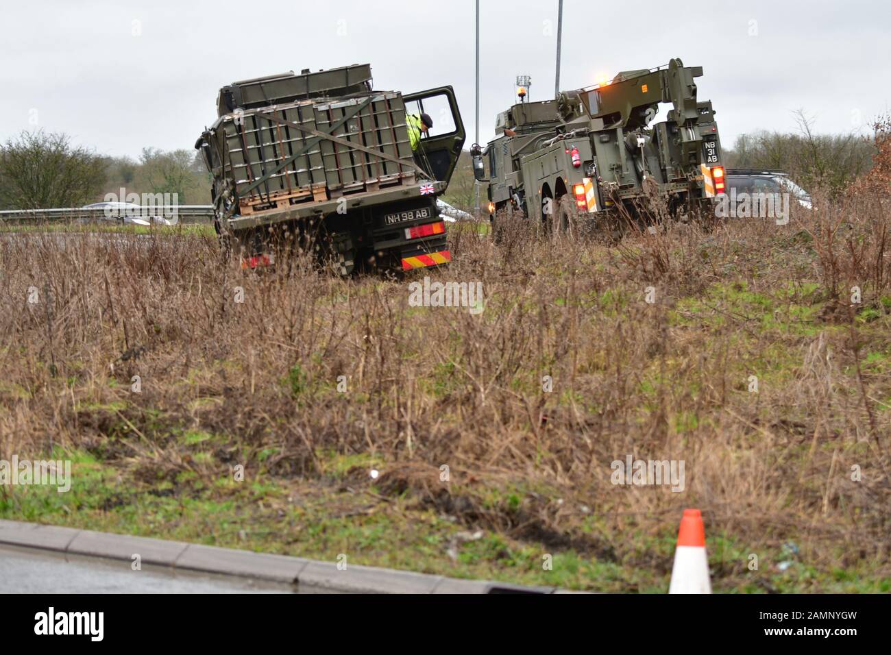 Lyneham, Wiltshire, UK. 14th Jan 2020. Loaded MOD Lorry Crashes into ...
