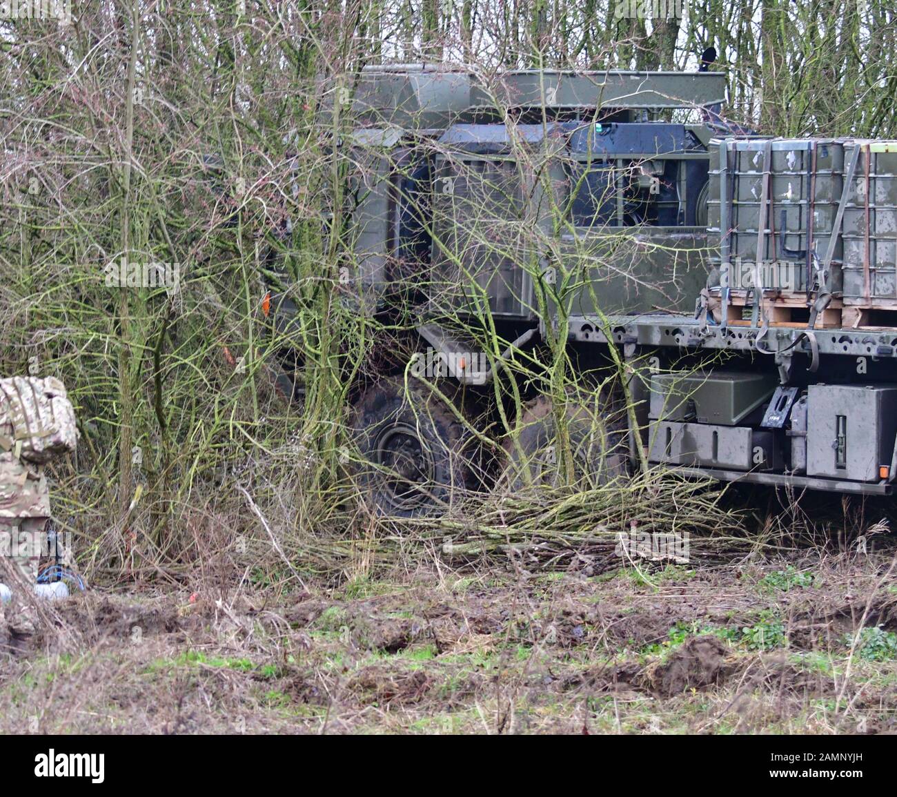Lyneham, Wiltshire, UK. 14th Jan 2020. Loaded MOD Lorry Crashes into ...